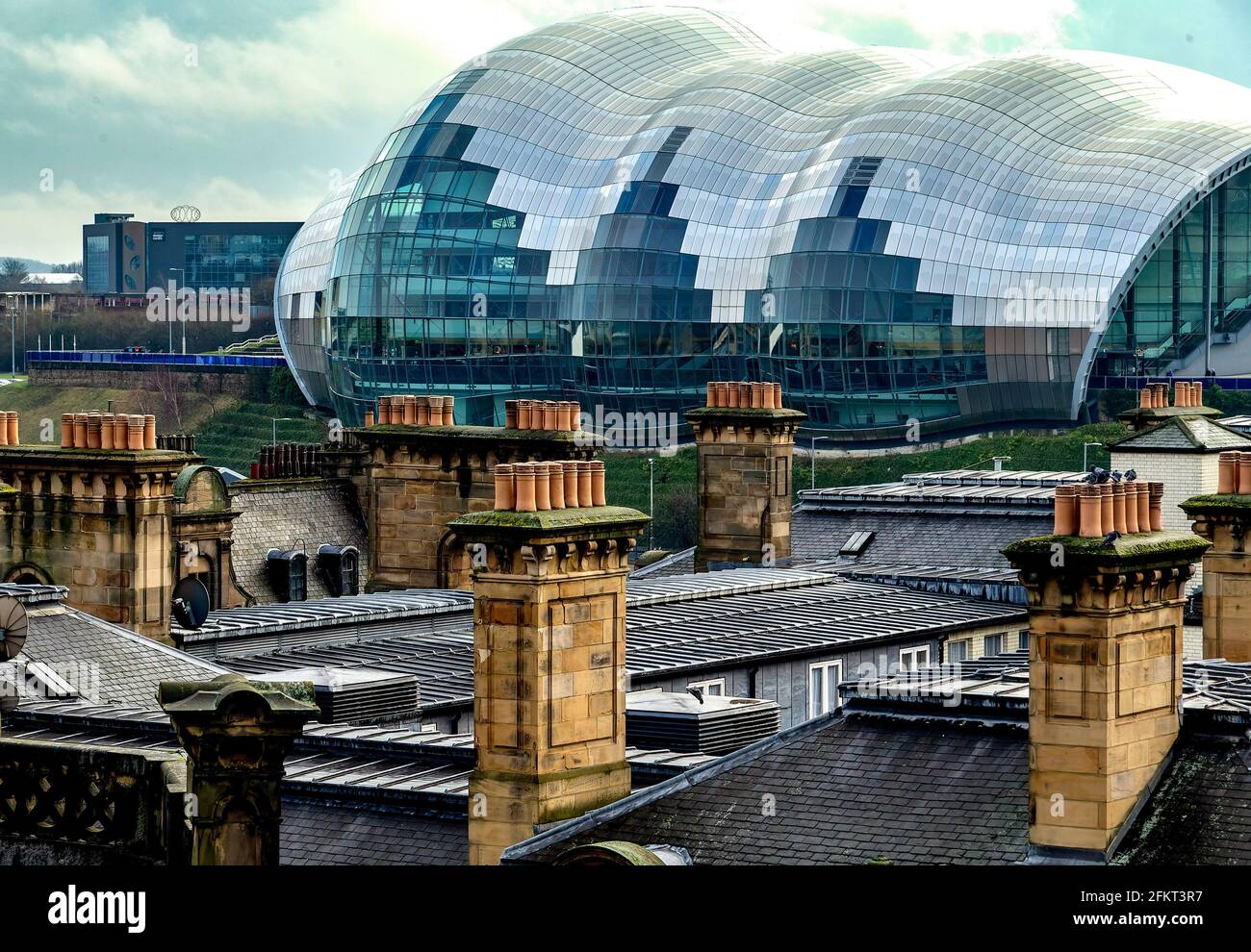 Victorian era chimney stacks viewed from the Tyne bridge in Newcastle ...
