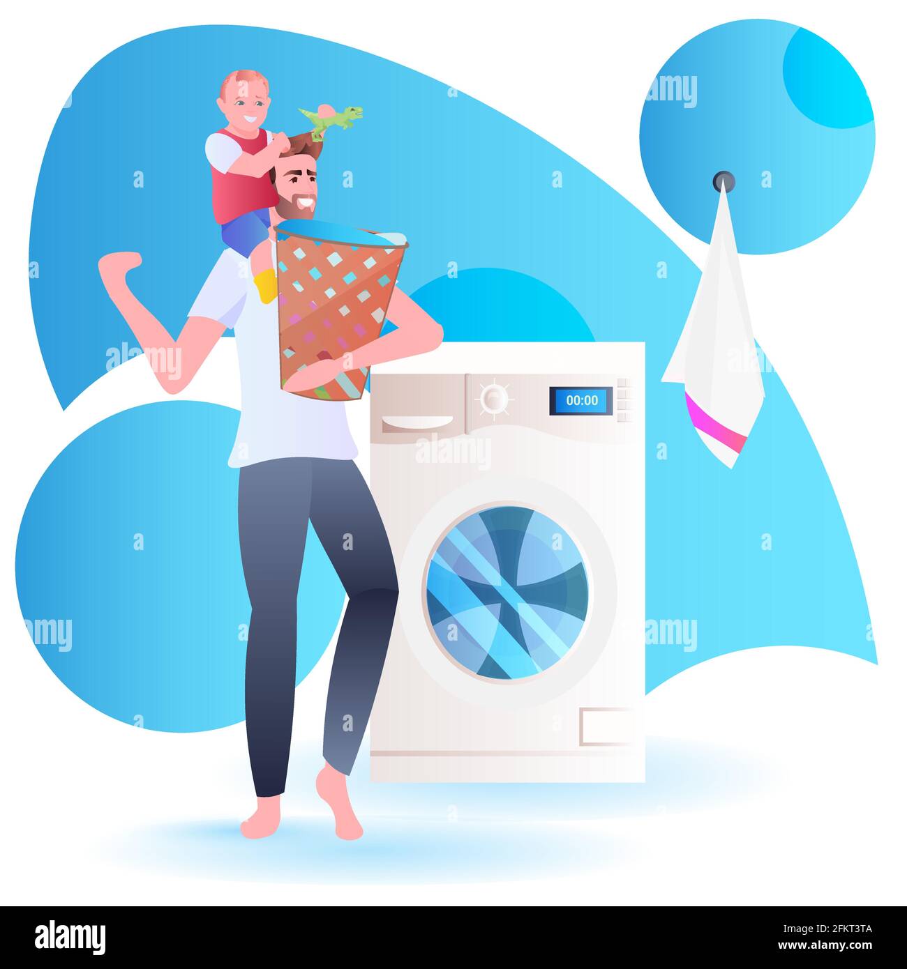 father with baby son holding clothes basket near washing machine man ...