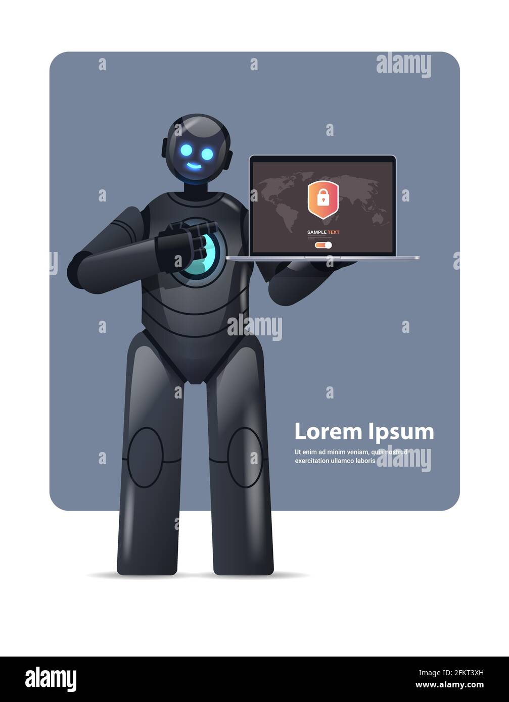 modern black robot cyborg holding laptop with protection shield cyber ...