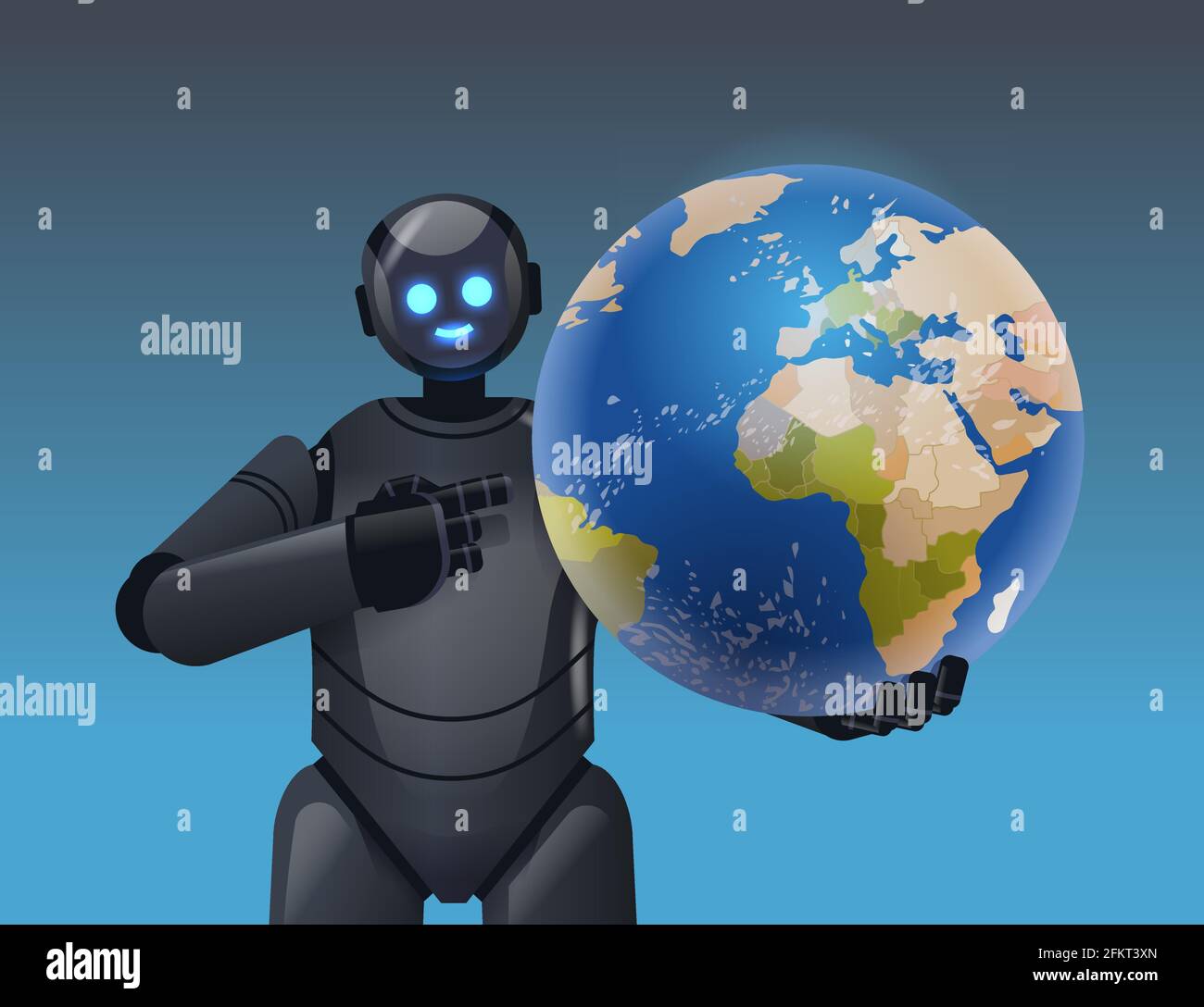 robot cyborg holding planet earth globe modern robotic character ...