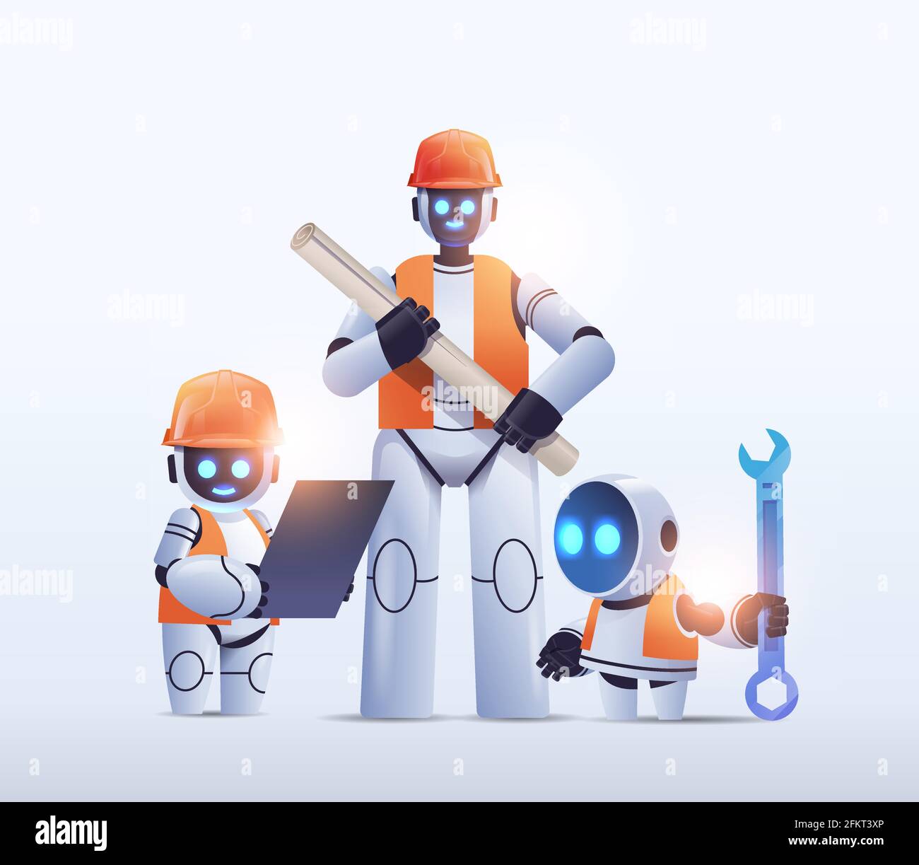 robots engineers holding construction drawings modern robotic ...
