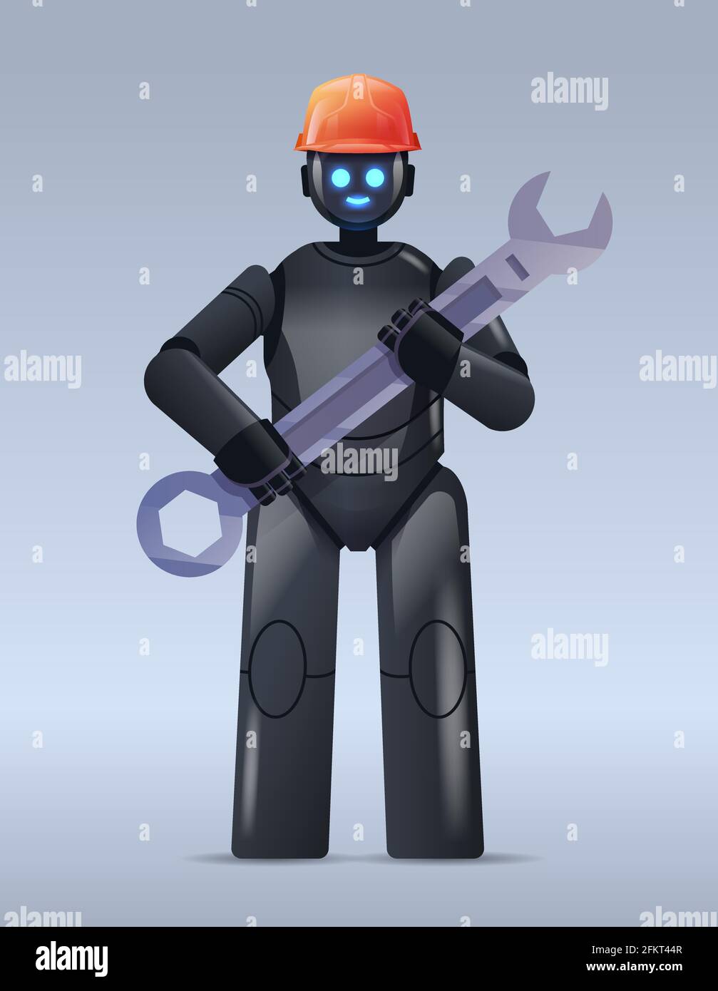 modern black robot in helmet holding wrench repair service artificial ...