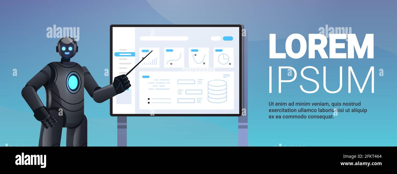 Robot Analyzing Statistics Financial Data Robotic Character Making Presentation On Board