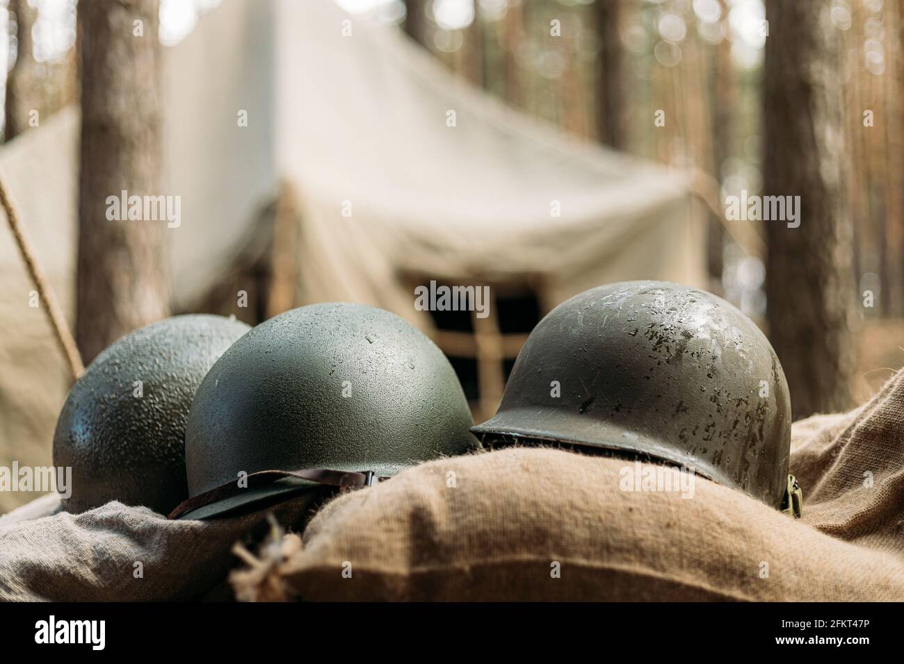 Metal Helmets Of United States Army Infantry Soldier At World War II ...