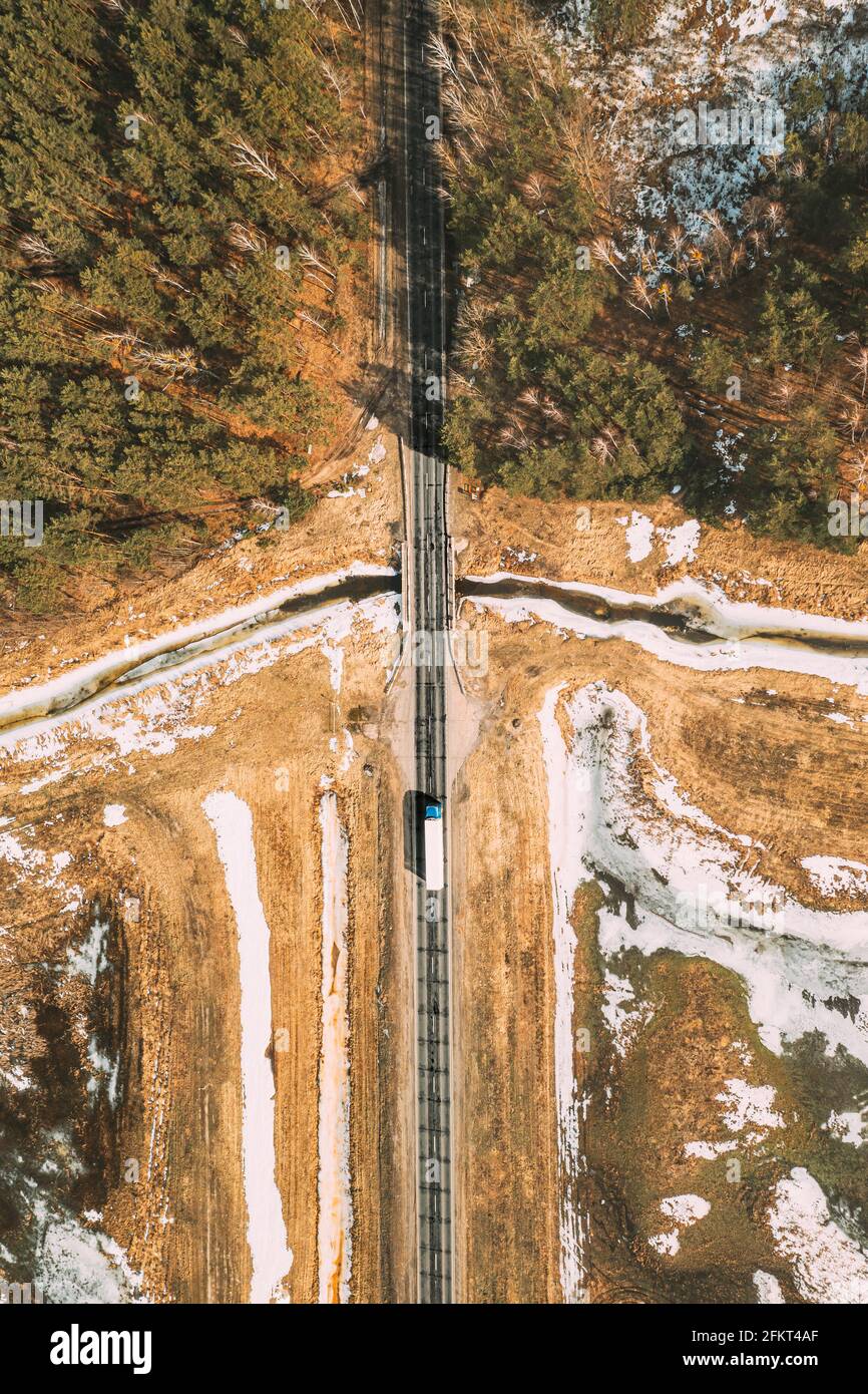 Aerial View Of Highway Road Through Spring Forest Landscape. Top View ...
