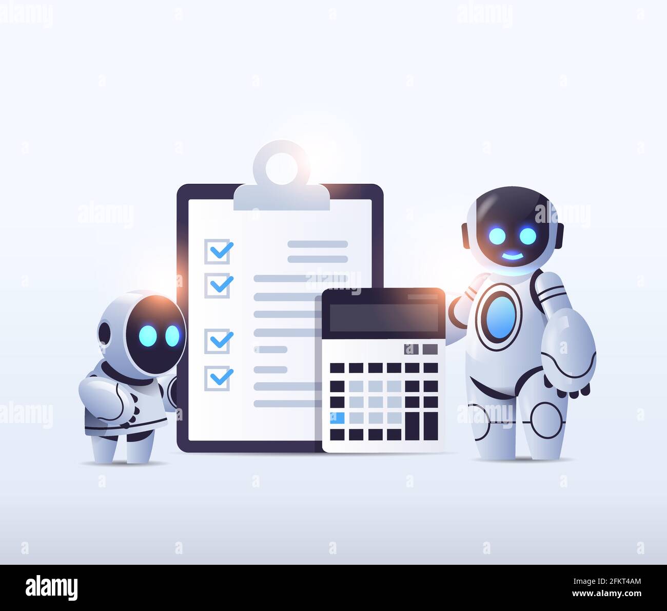 robots with clipboard and calculator financial data report organization ...