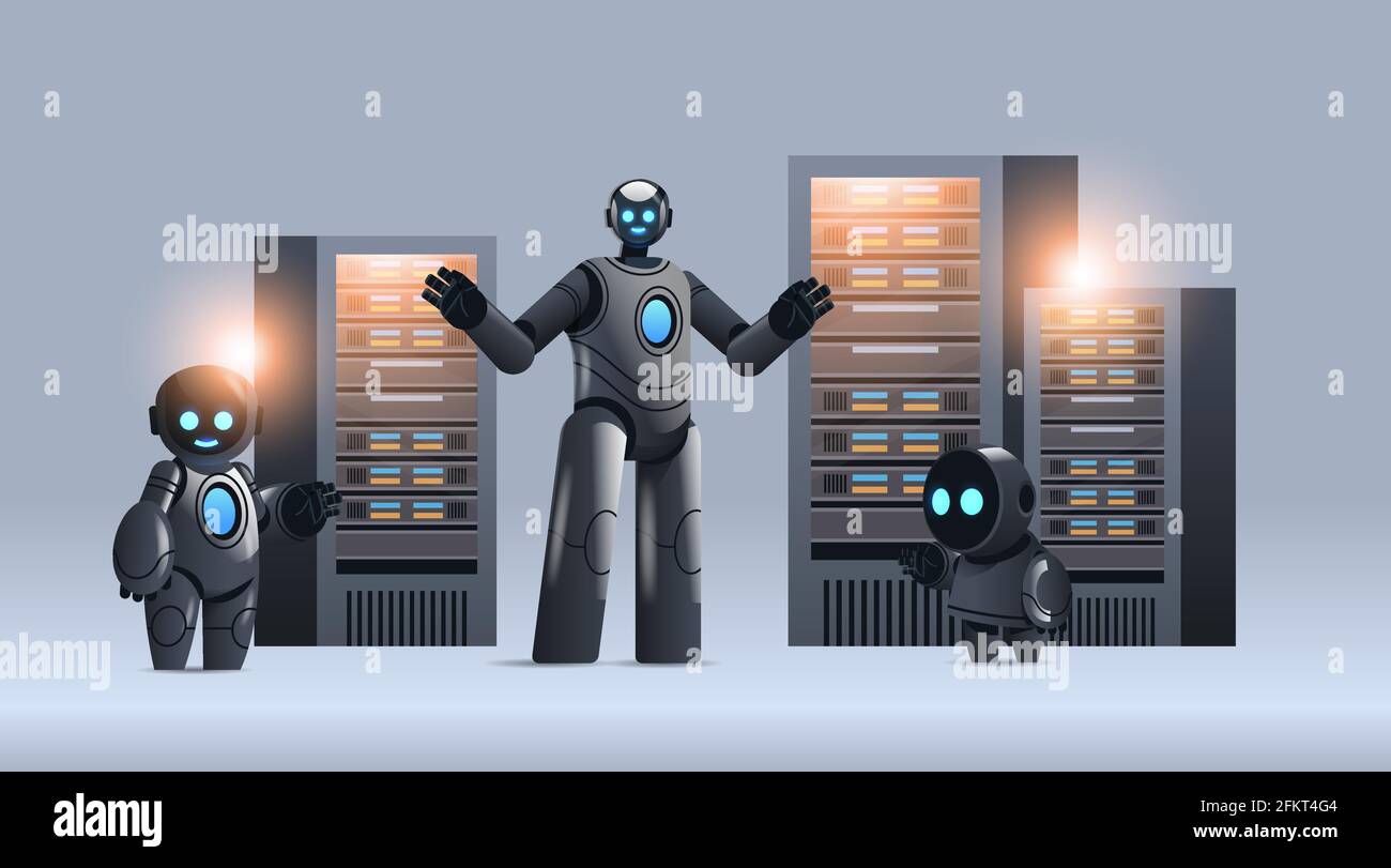 robots in server room big cloud data analysis artificial intelligence ...