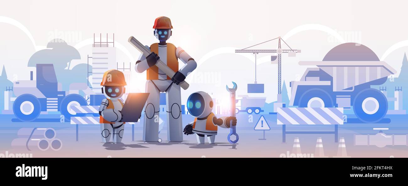 robots engineers in hardhats holding drawings robotic architects with ...