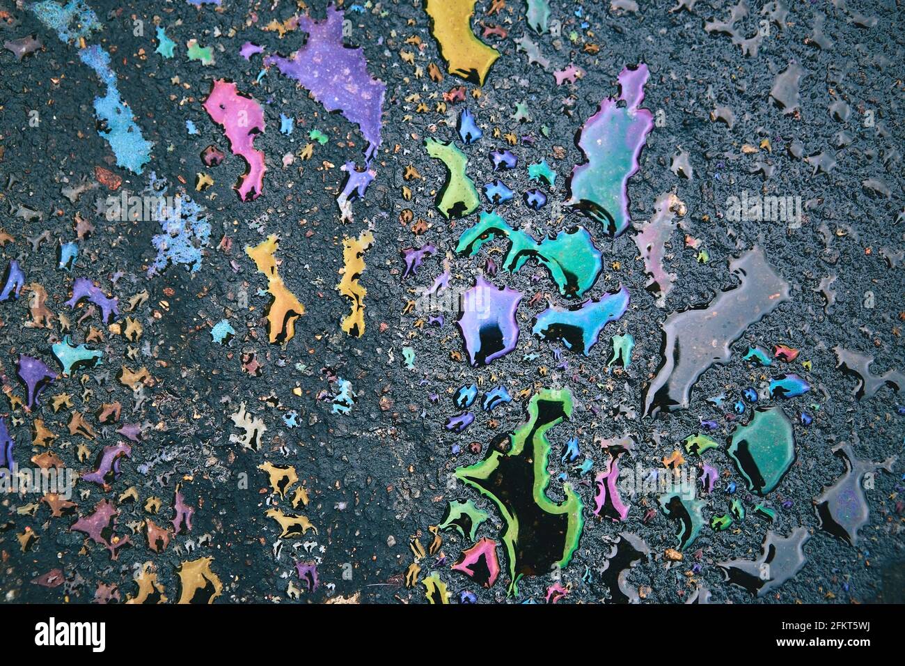 large oil, gasoline stains wet asphalt as a texture or background Stock ...