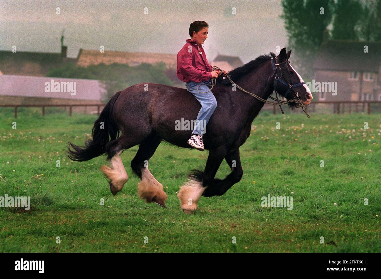A boy riding horse at Gypsy Horse Fair May 1998at Stow On The Wold ...