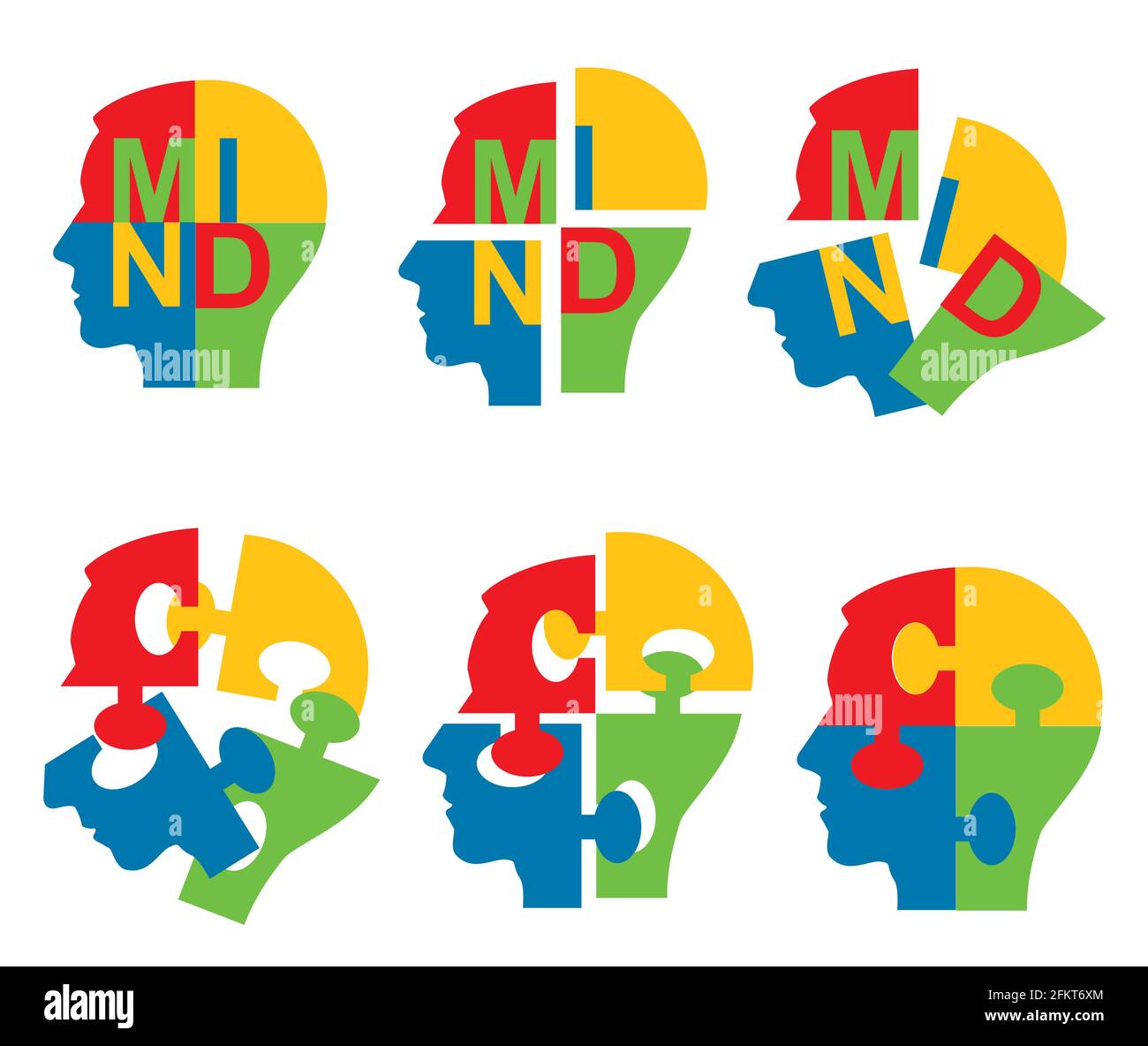 Colorful Puzzle Piece Silhouette Heads, scattered mind. Disassembled ...