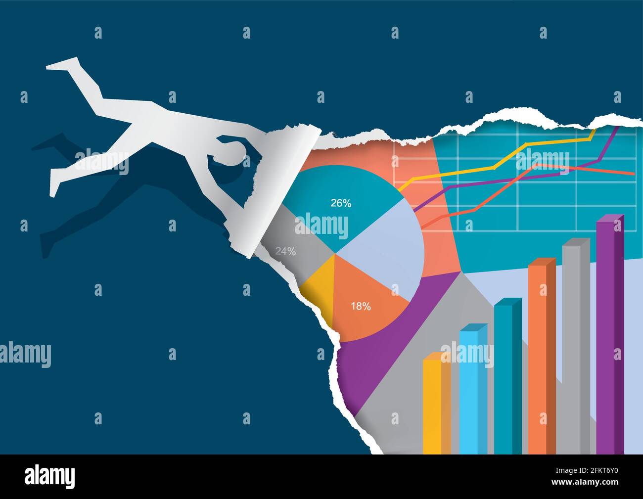 Presentation of successful Economic Results, flying man,tearing paper ...