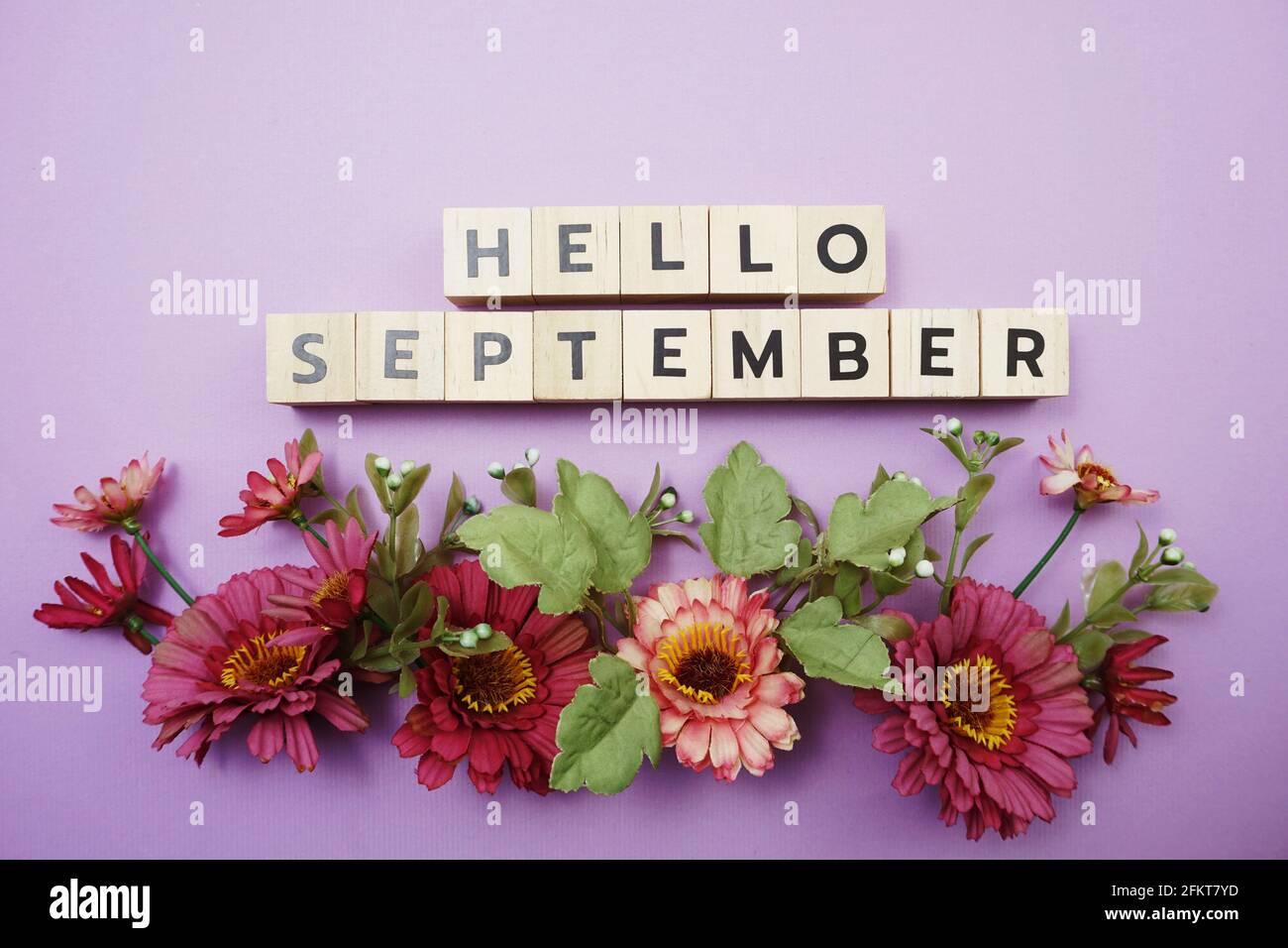 Hello September alphabet letters with flower decoration top view on ...