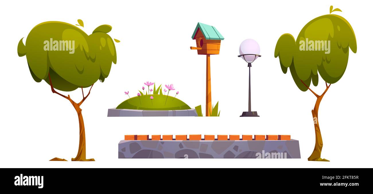 Set of park items green trees, flower bed, street lamp and wooden ...