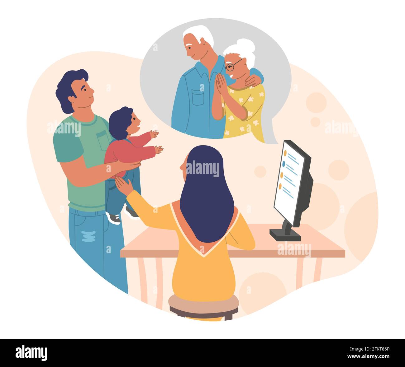 Family online communication with grandparents, flat vector illustration ...