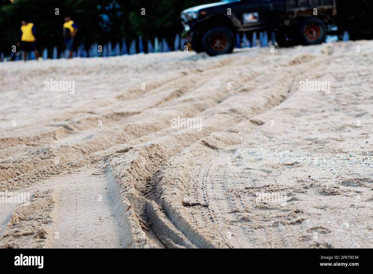 Wheel marks on sand beach at the sea with car background Stock Photo ...