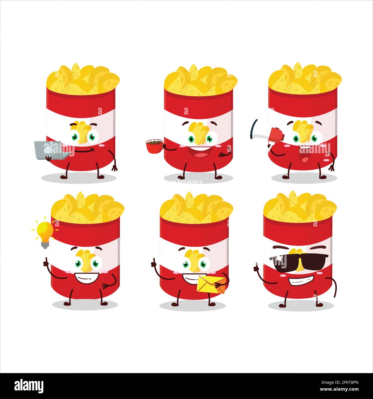 Cup of potato chips cartoon character with various types of business ...