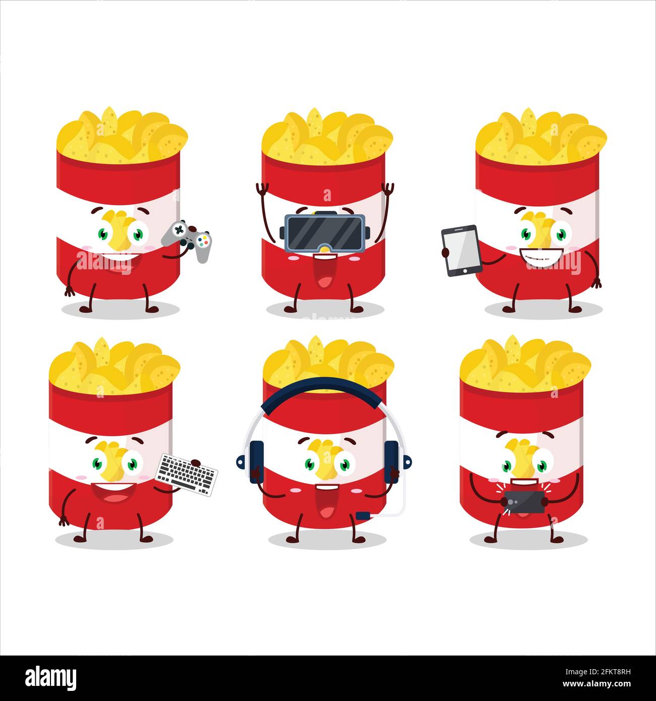 Cup of potato chips cartoon character are playing games with various ...