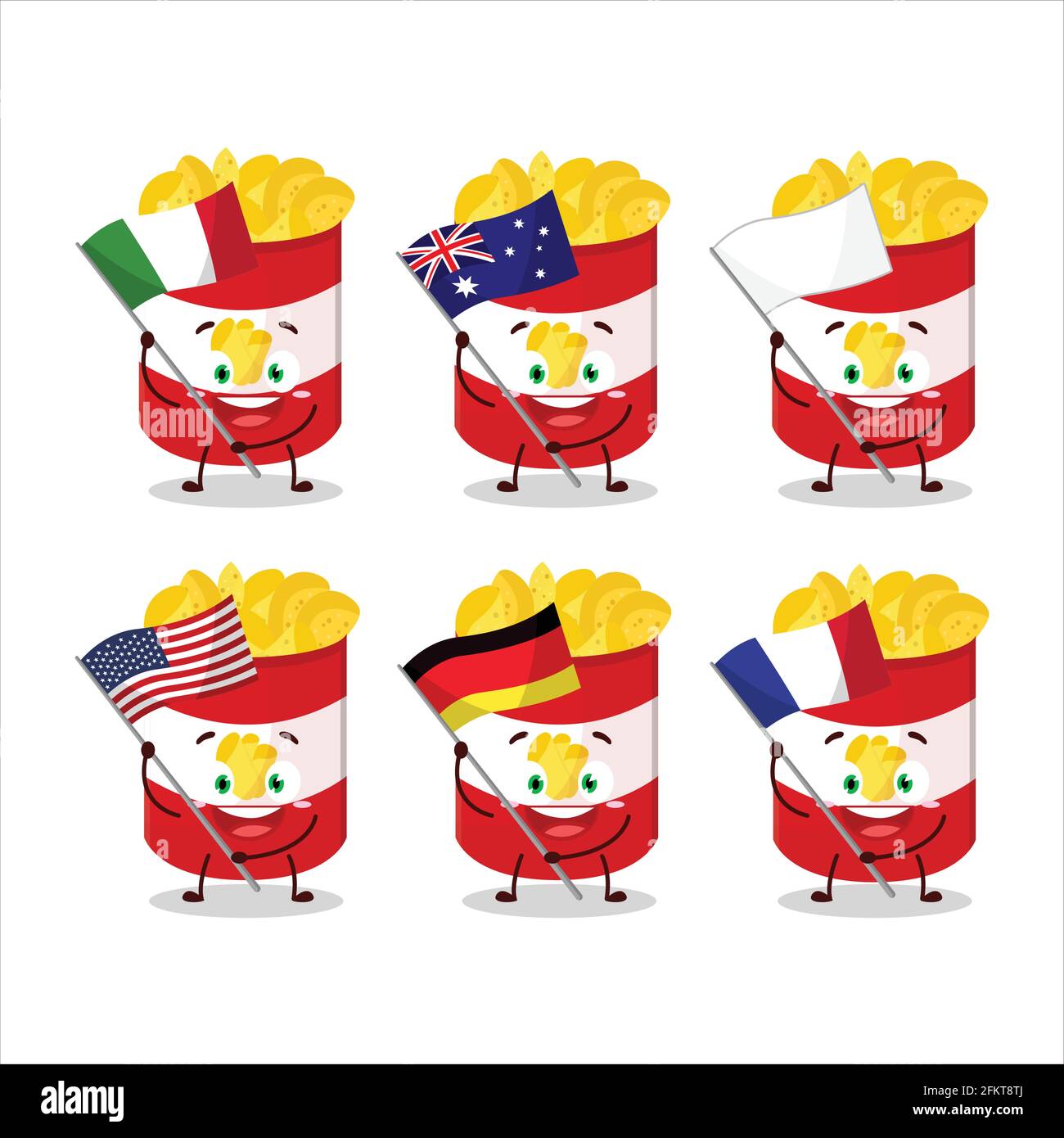 Cup of potato chips cartoon character bring the flags of various ...