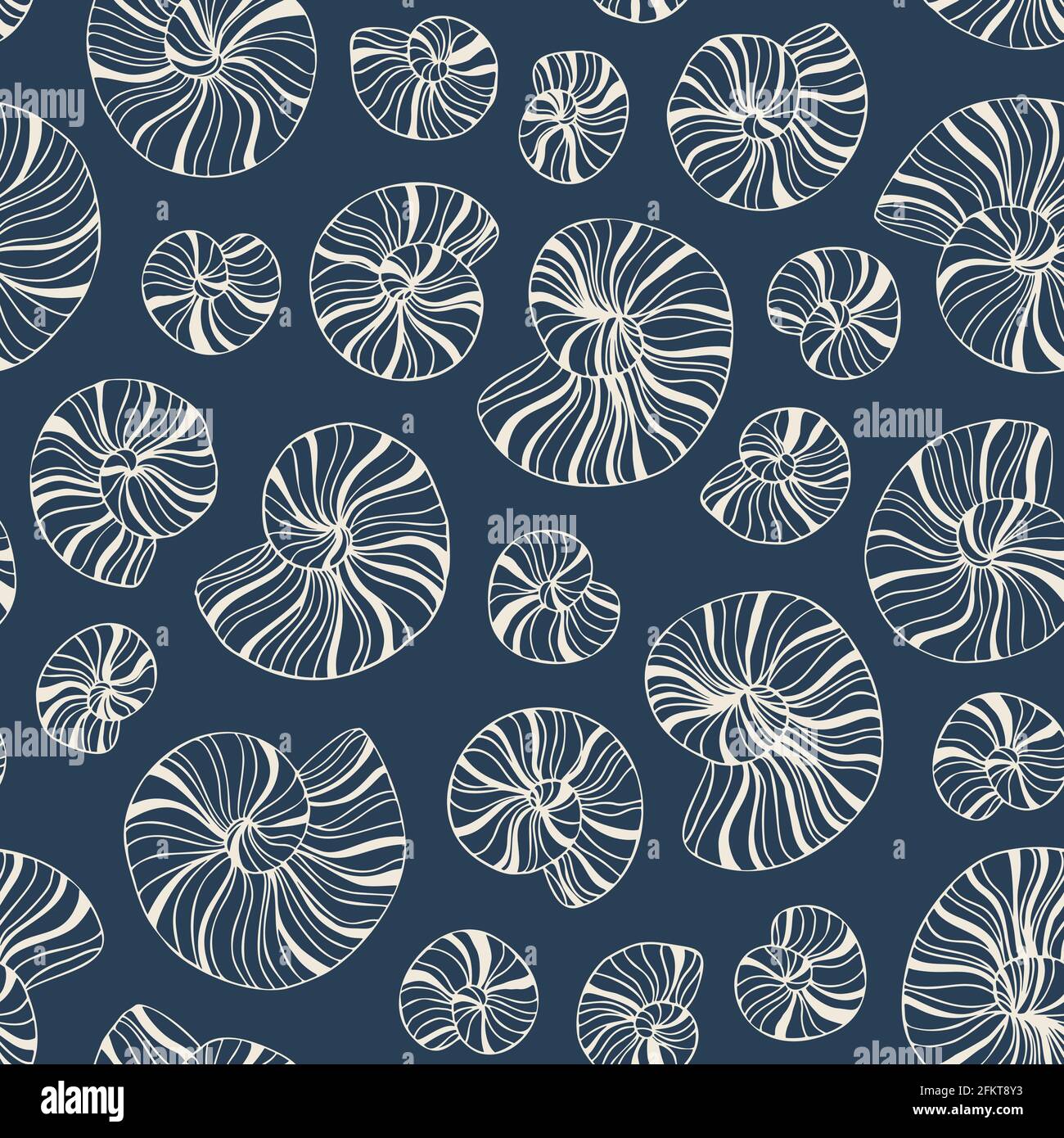 Hand-Drawn Sea Shells, Fossils Blue and Cream Vector Seamless Pattern ...