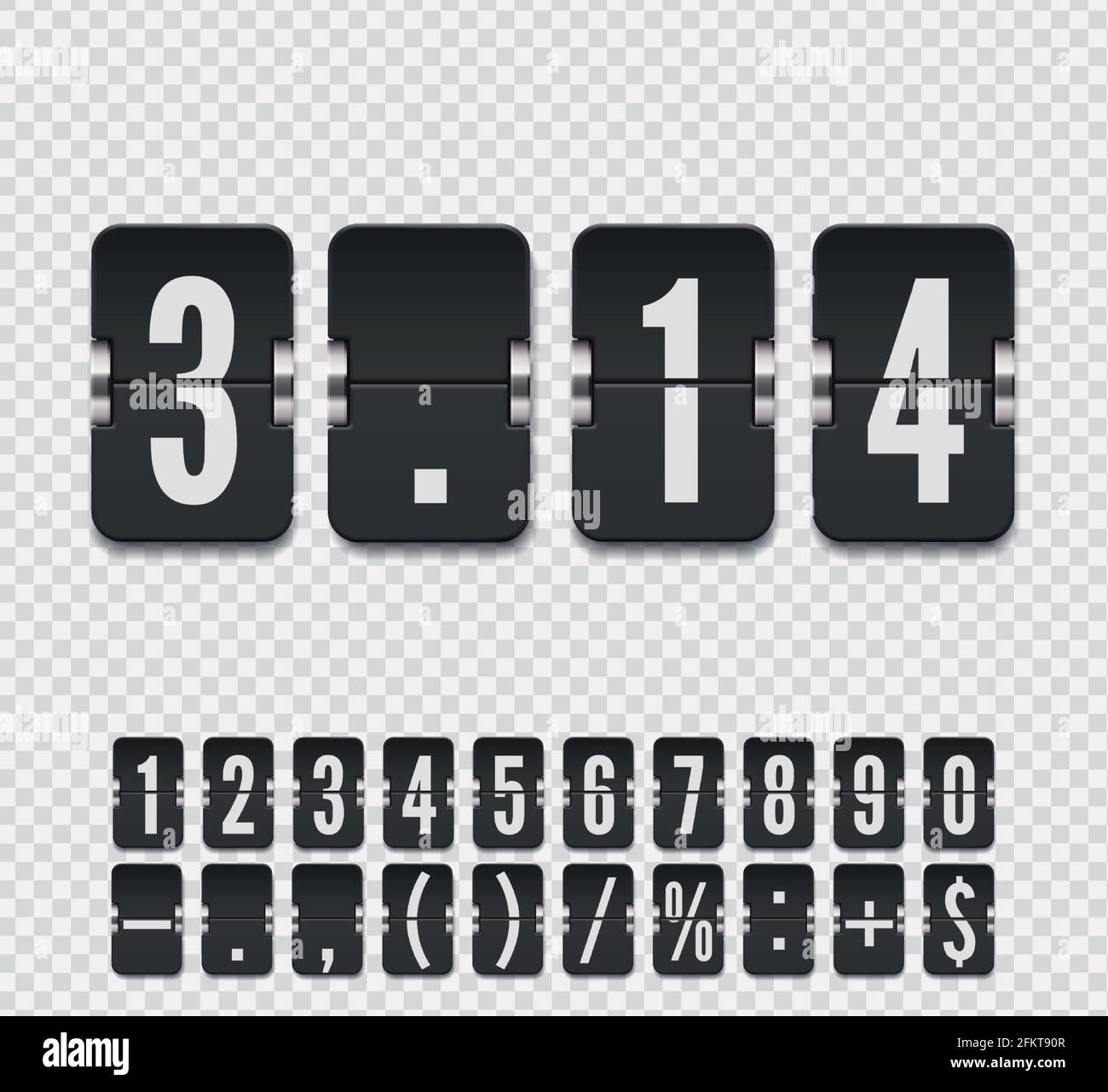 Analog black countdown timer number font. Flip number and symbol scoreboard with shadows on ...