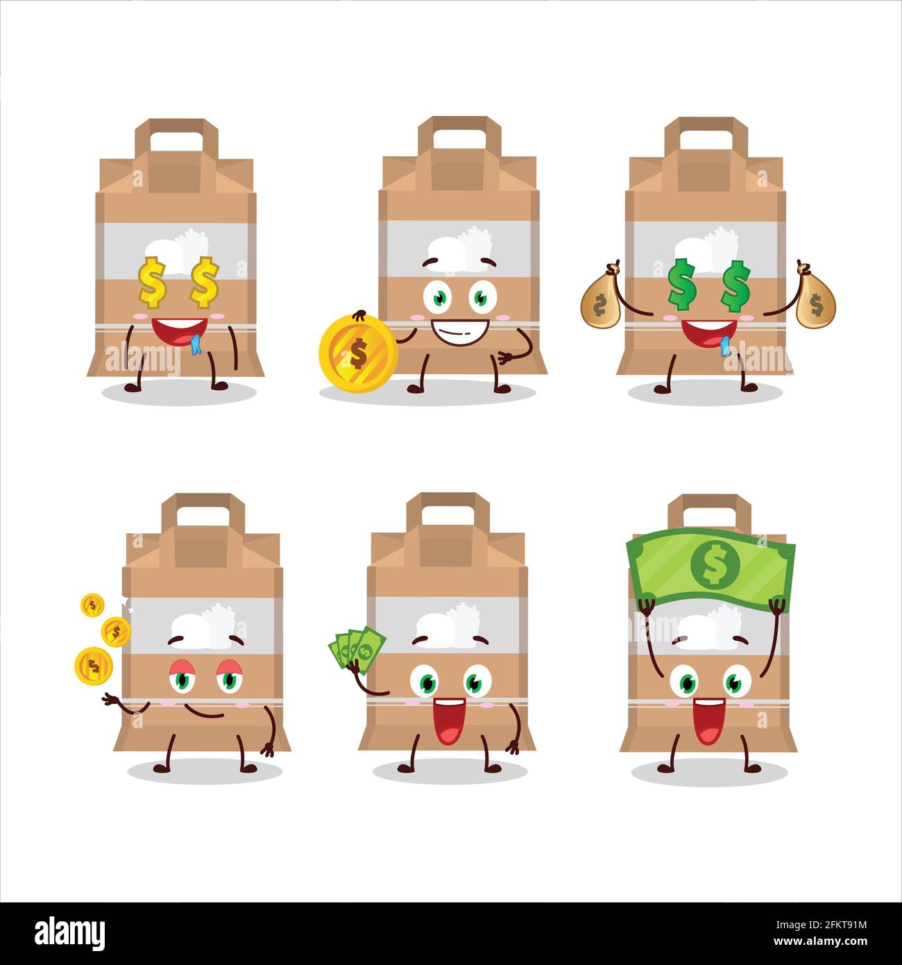Fast food bag cartoon character with cute emoticon bring money. Vector ...