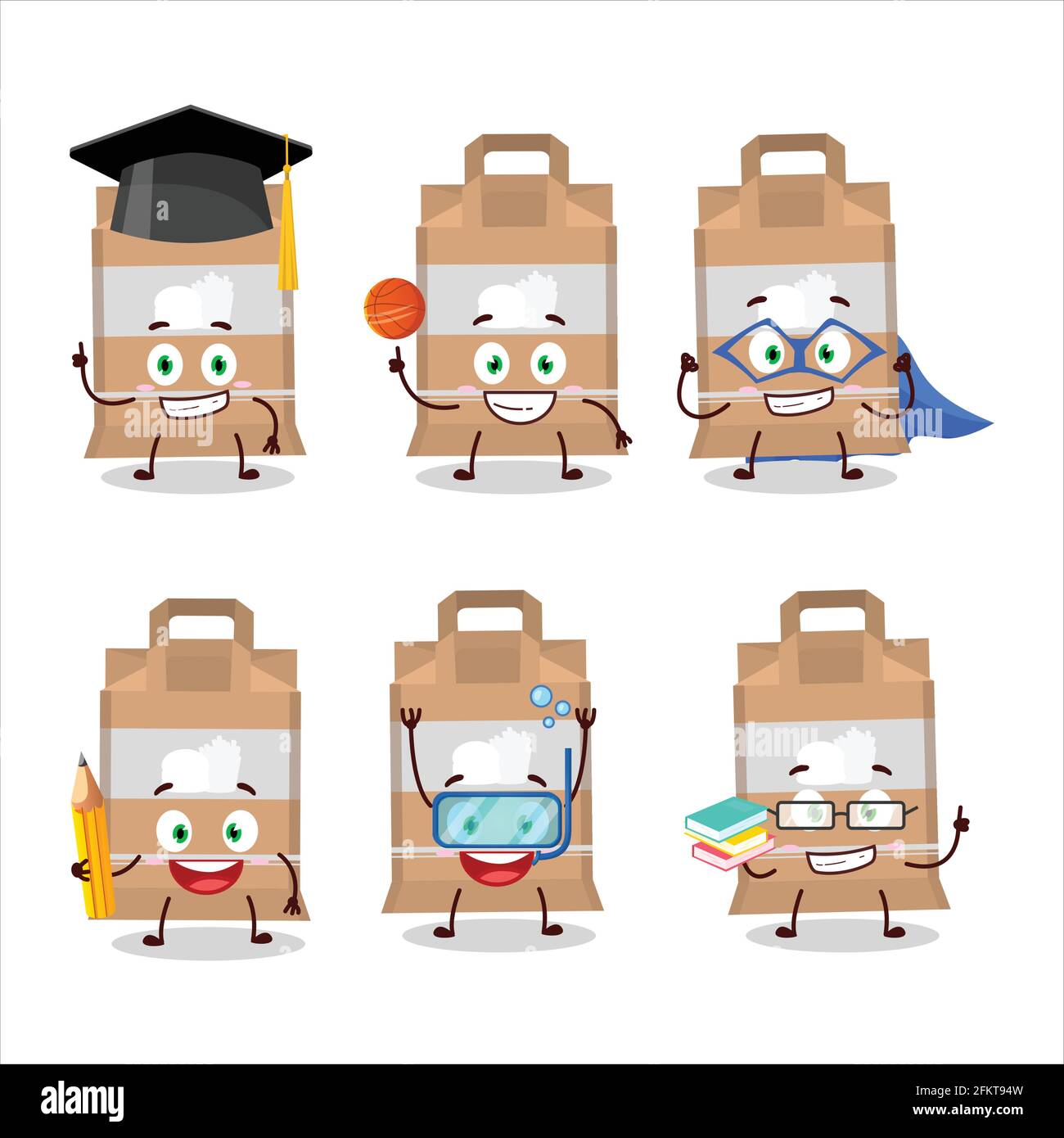 School student of fast food bag cartoon character with various ...