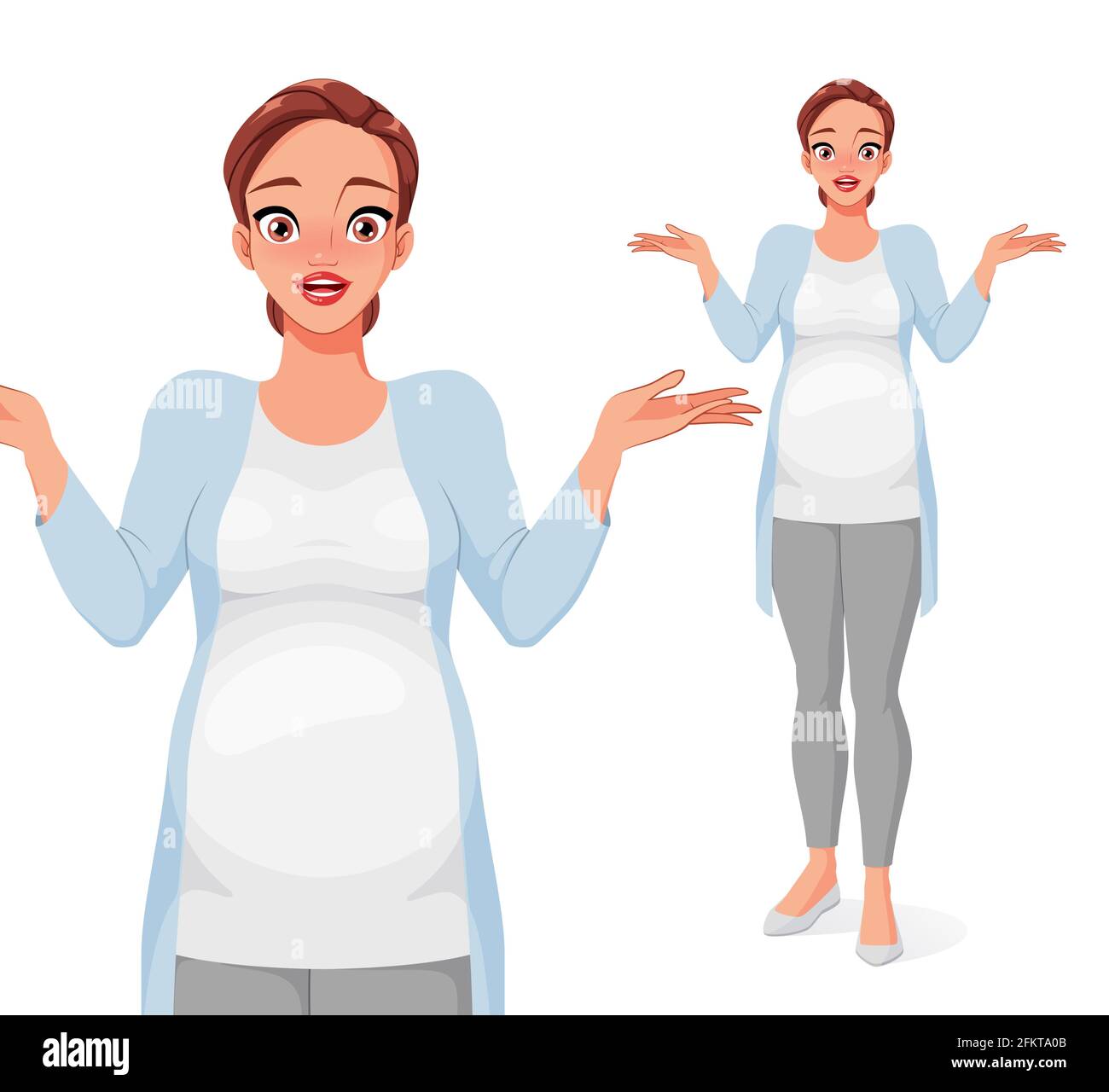 Confused pregnant woman shrugging shoulders. Isolated vector ...