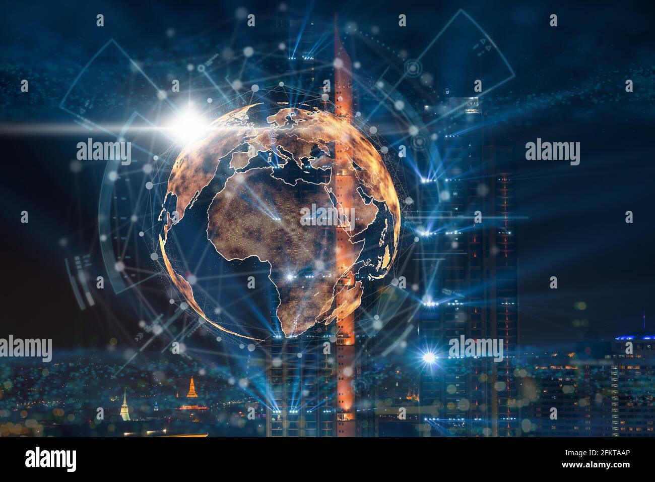 particle earth with technology network circle over the photo blurred of ...