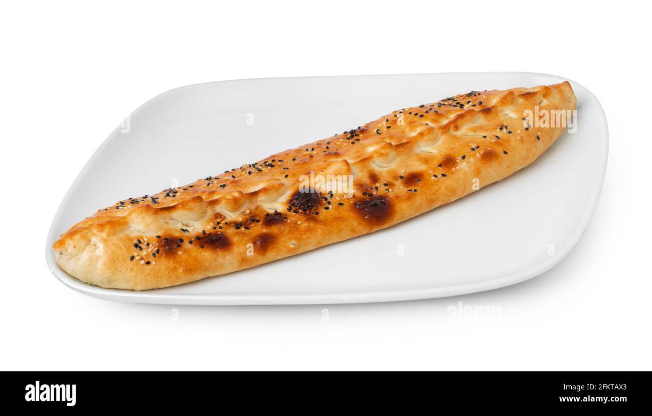 Turkish boat-shaped flatbread pide isolated on white Stock Photo - Alamy