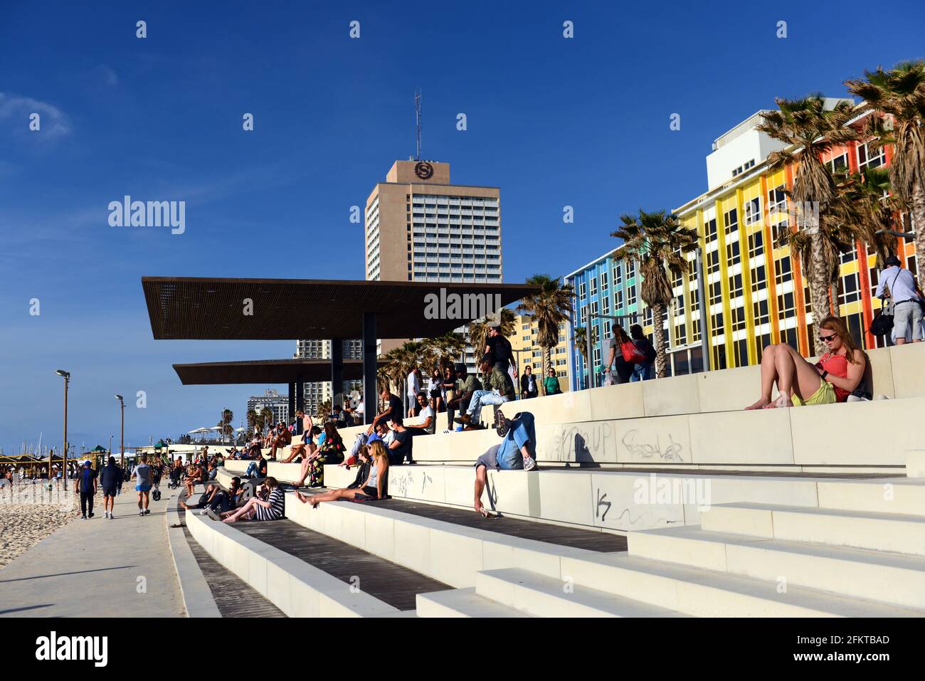 The vibrant waterfront promenade near the Frishman beach in Tel-Aviv ...