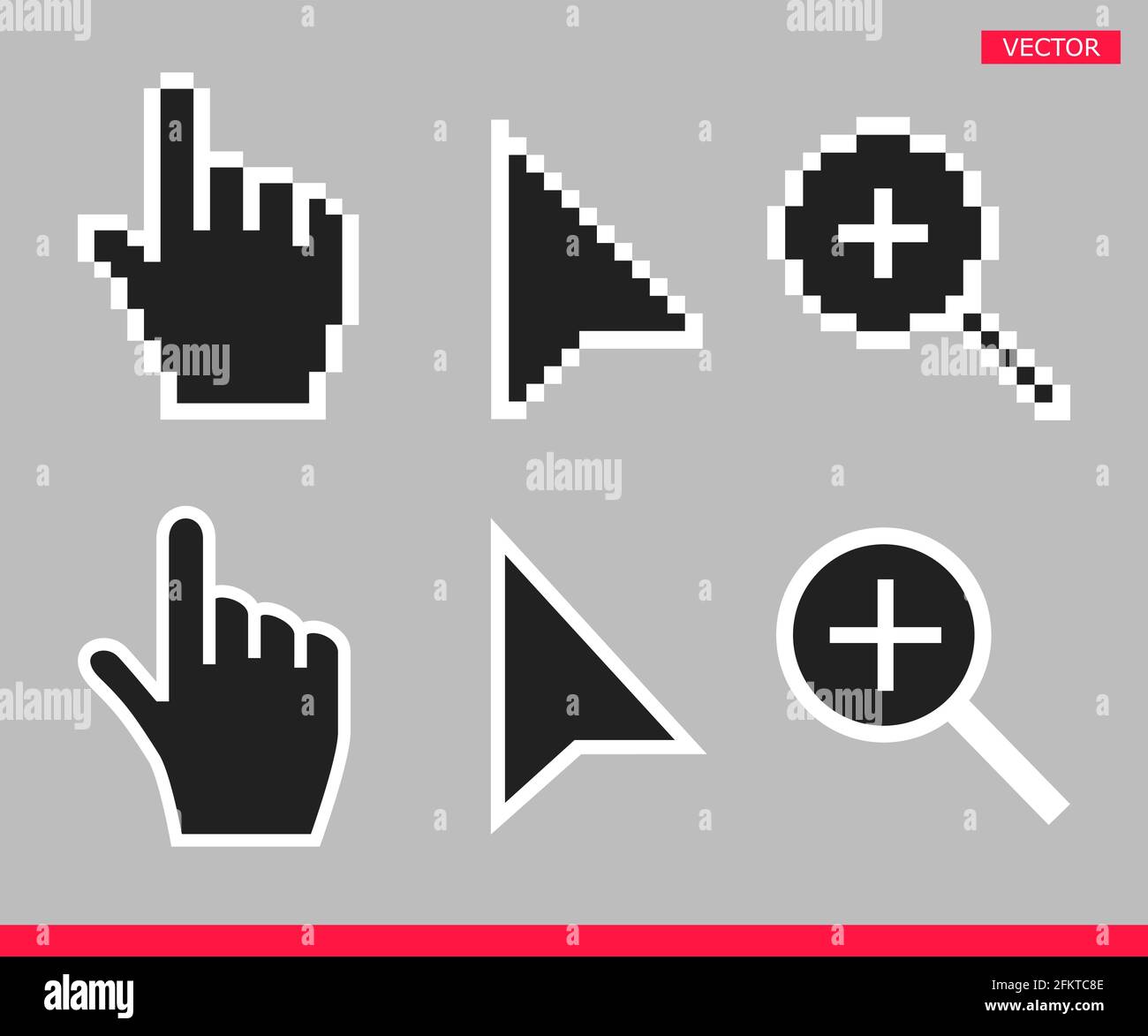 Black and white arrow, hand and magnifier non pixel mouse cursor icons ...