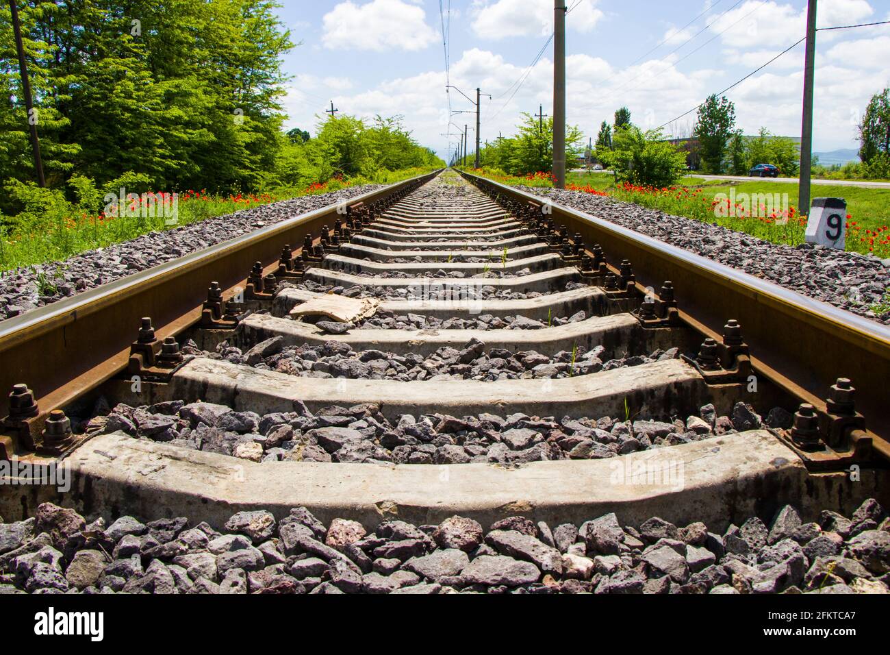 Rails view in Georgia, train road and station, lines and horizon with ...