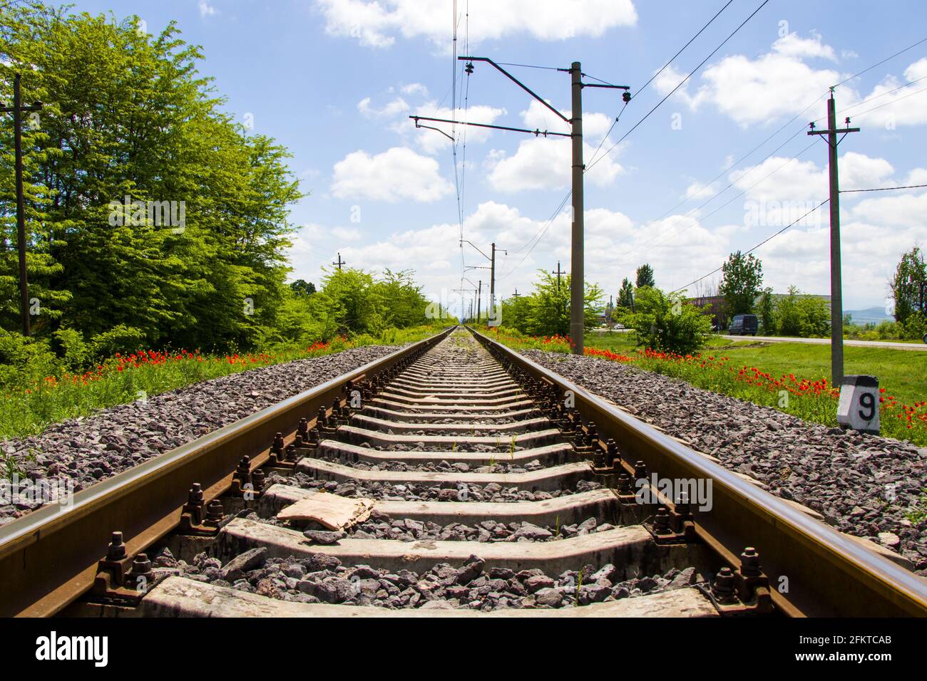 Rails view in Georgia, train road and station, lines and horizon with ...
