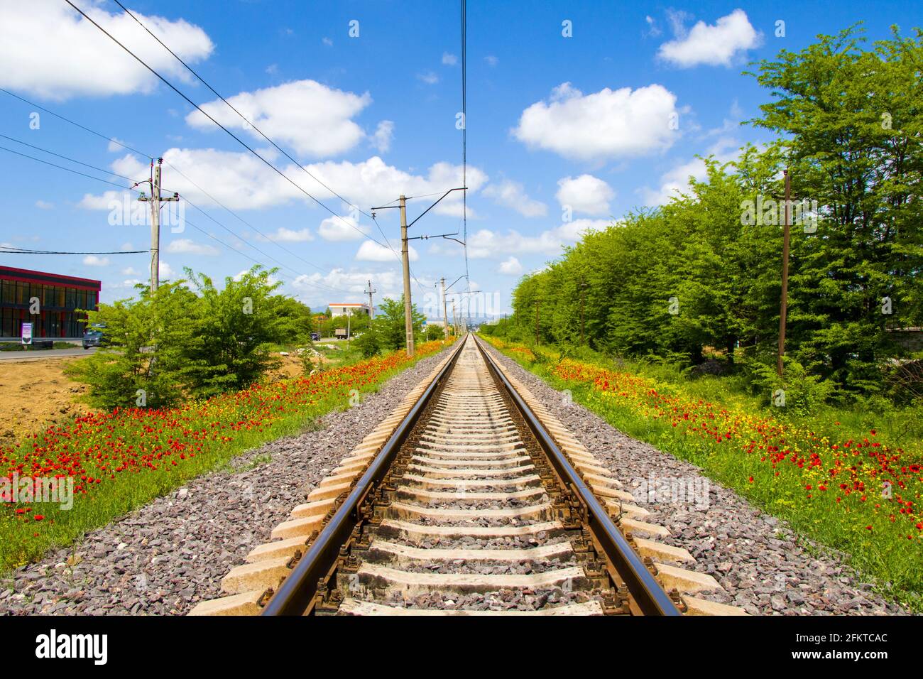 Rails view in Georgia, train road and station, lines and horizon with ...