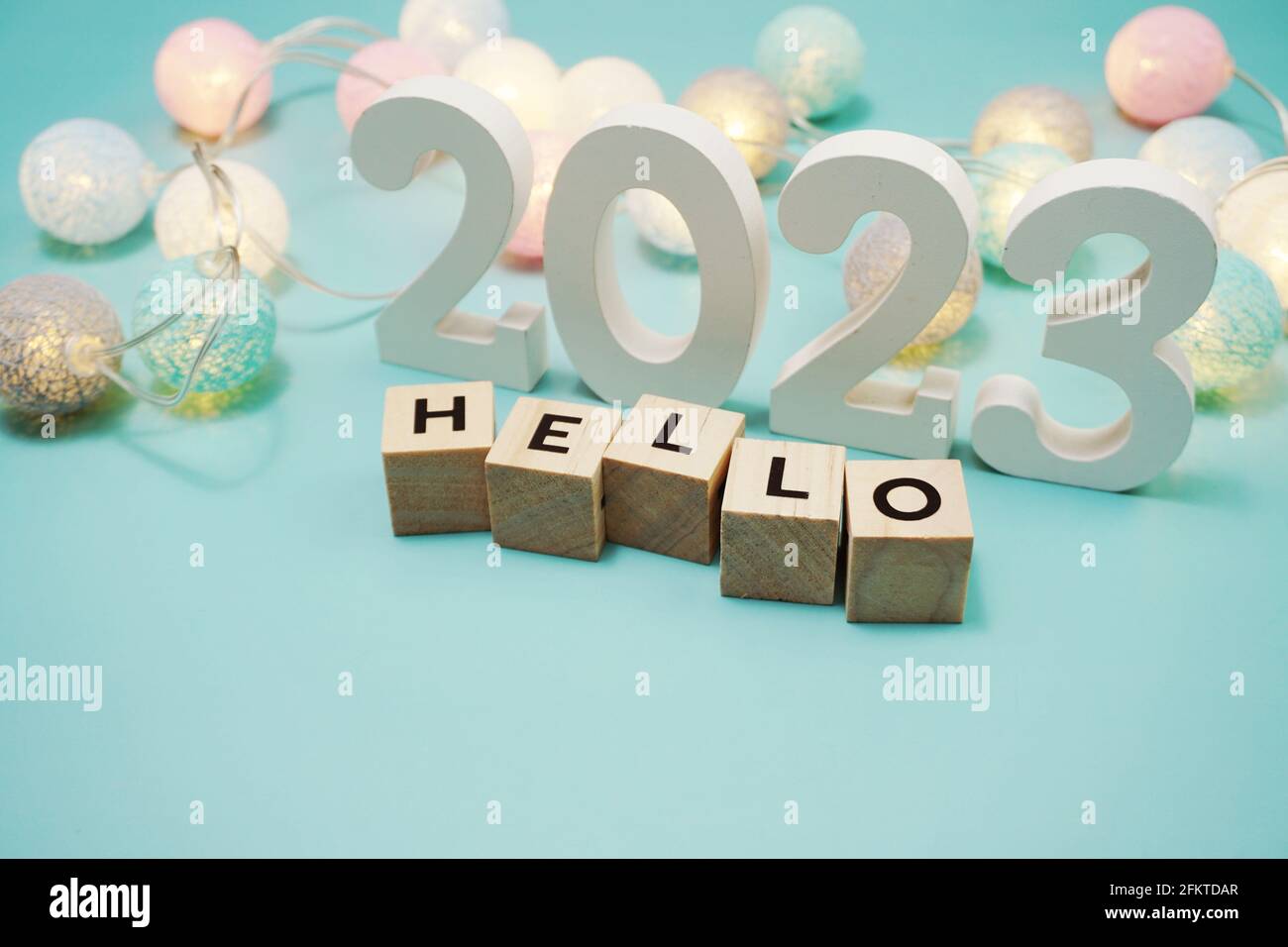 Hello 2023 alphabet letters with space copy on blue background Stock ...