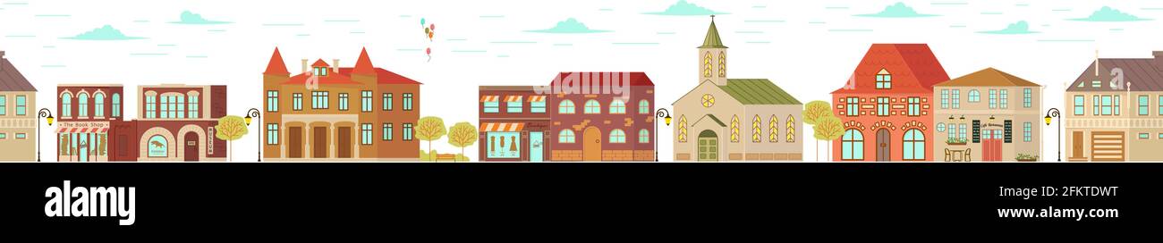 Seamless border with panorama cute town on white background. Flat Art ...