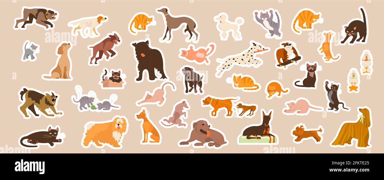 Domestic cats and dogs cute stickers set. Cute sticky labels decorated ...