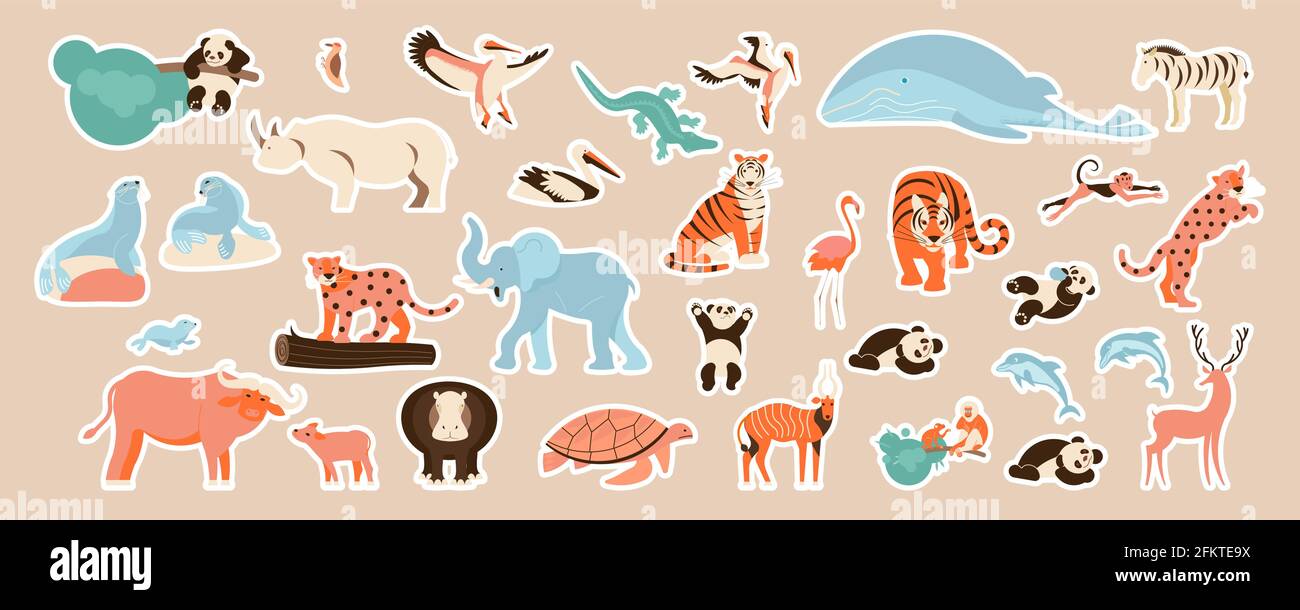 African animals and tigers cute stickers set. Cute sticky labels ...