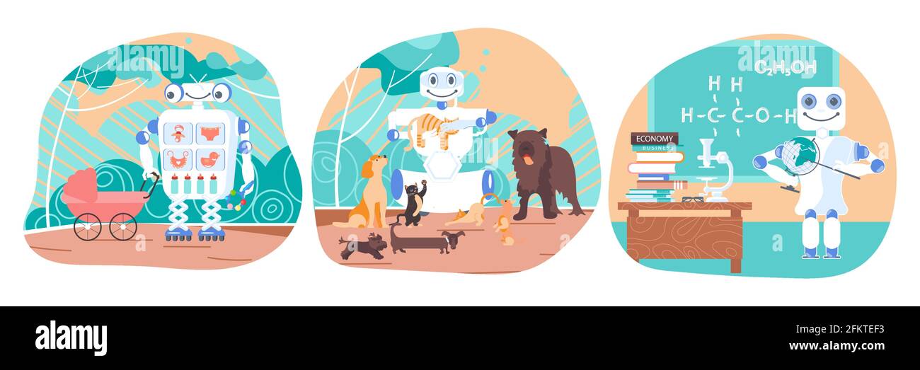 Set of composition with robots helping people in different situations ...