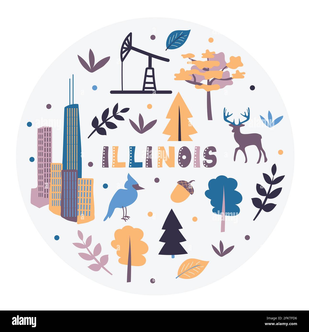 USA collection. Vector illustration of Illinois. State Symbols - round ...