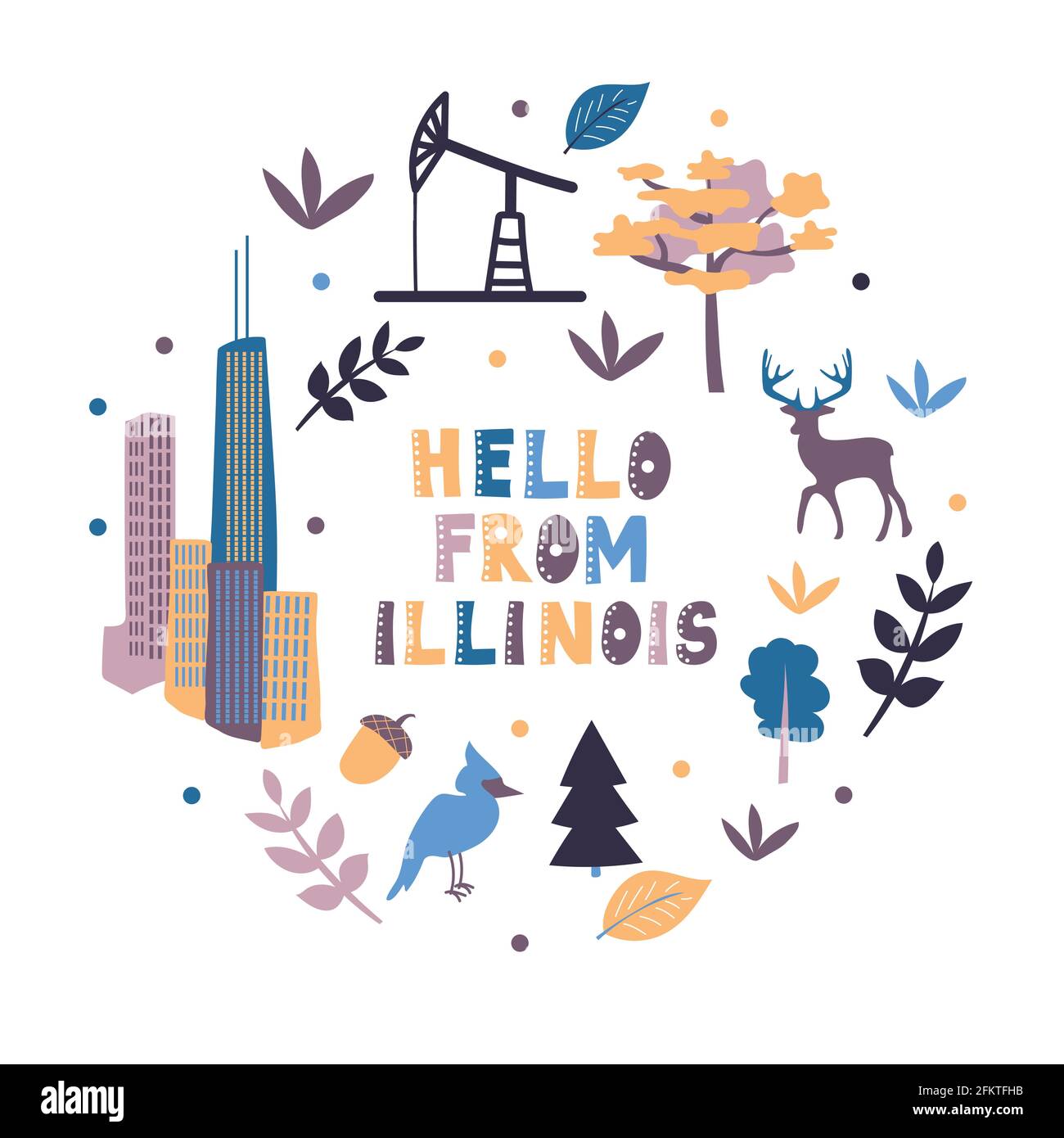 Illustrated map of the state of Illinois in United States with cities ...