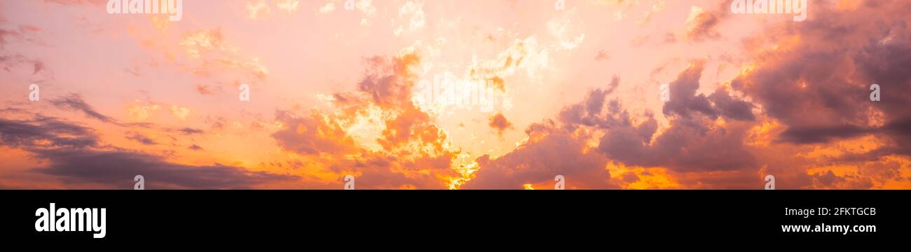 Panorama of sky. Orange blue and violet color sunset sky background ...