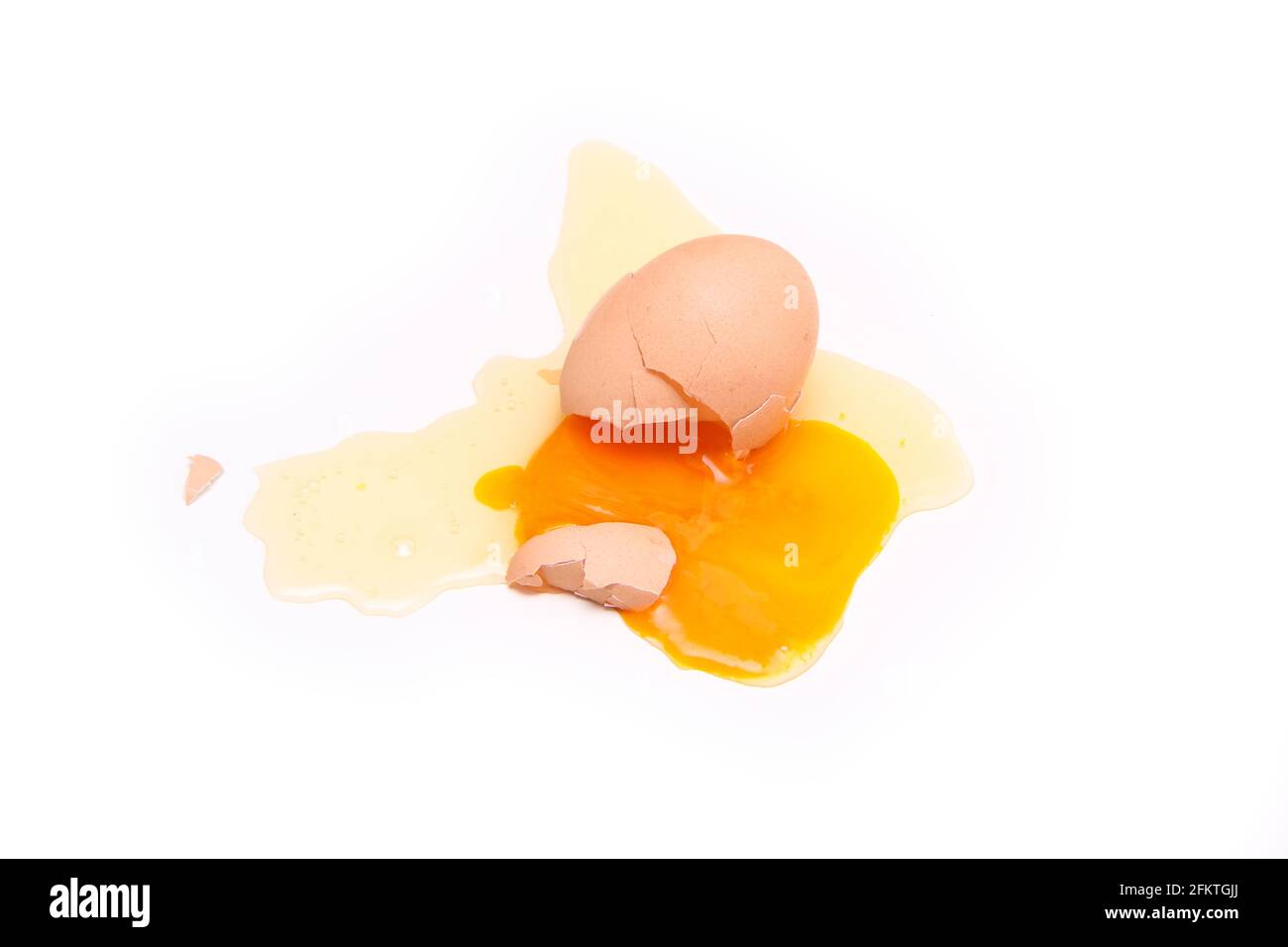 The fallen organic egg lies broken with the eggshell smashed and yolk ...