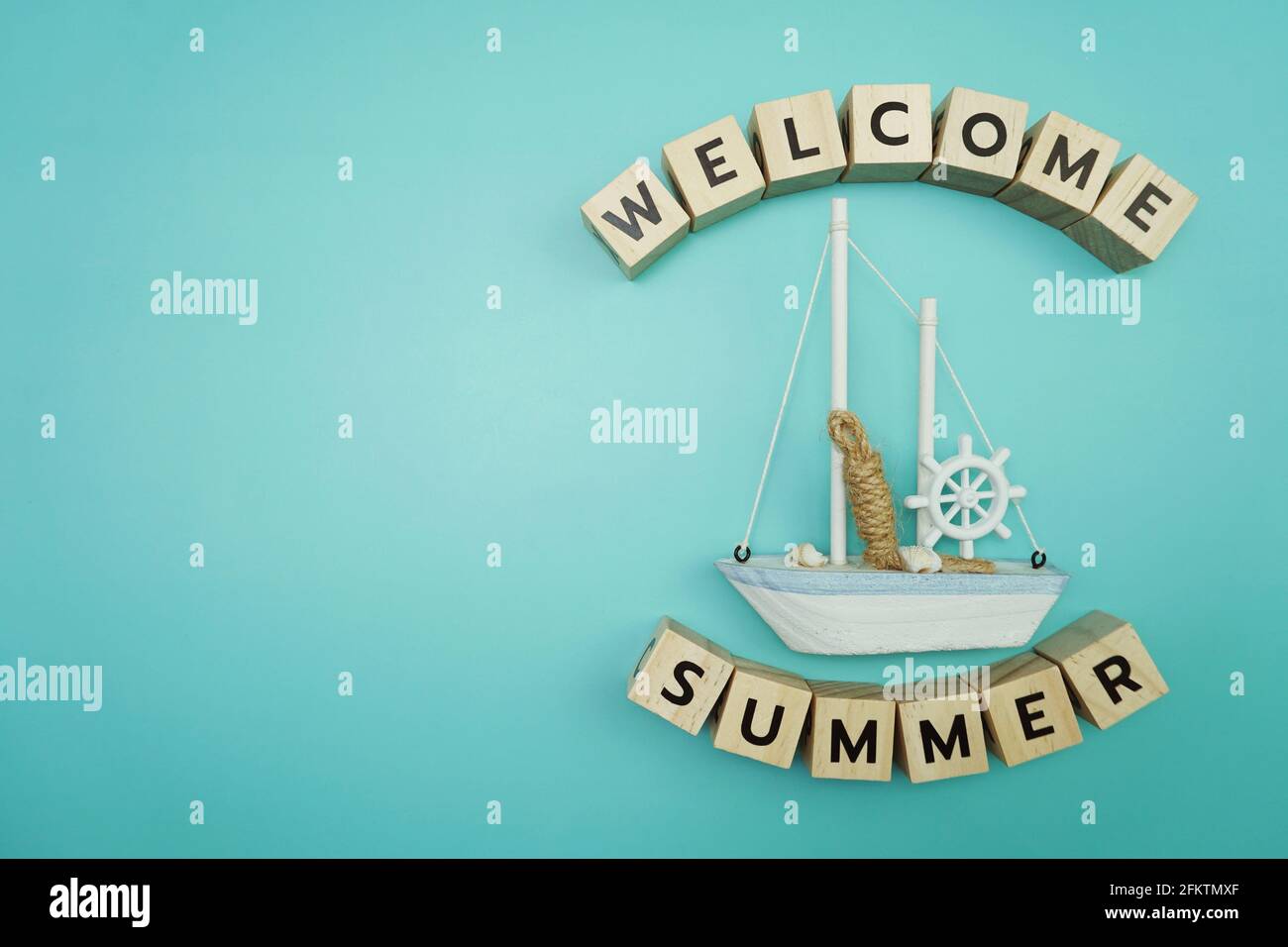Welcome Summer message alphabet letter with sailboat on blue background ...