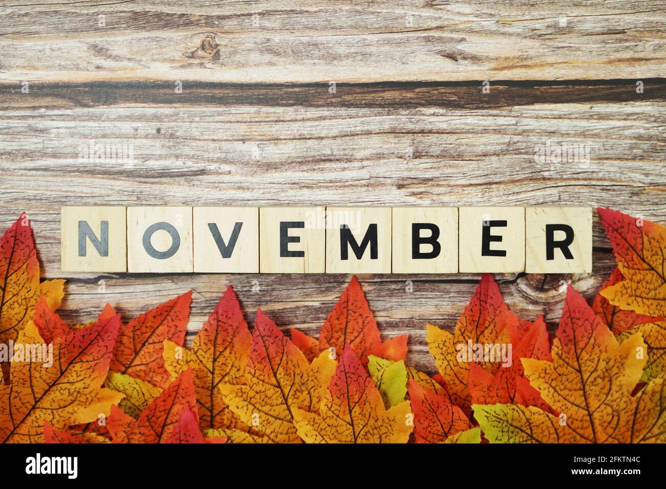 November alphabet letter with maple leaves frame on wooden background ...
