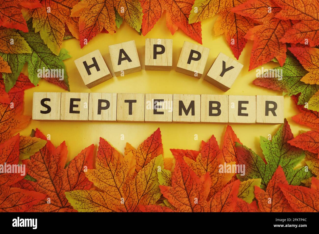 Happy September alphabet letter with maple leaves frame on wooden ...