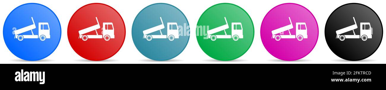 Dump truck, transport, transportation vector icons, set of circle gradient buttons in 6 colors ...