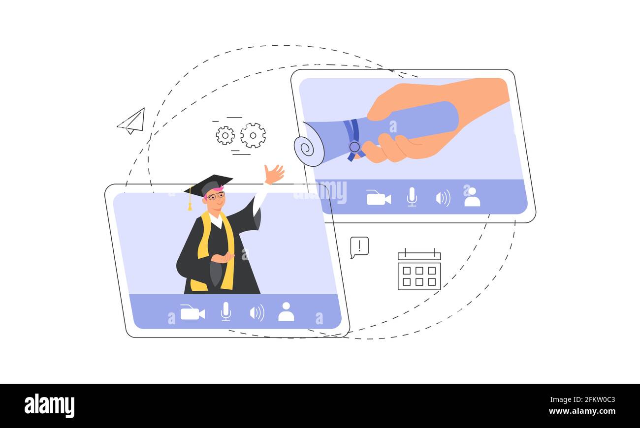 Online Video Graduation ceremony on distance. Happy graduate man ...