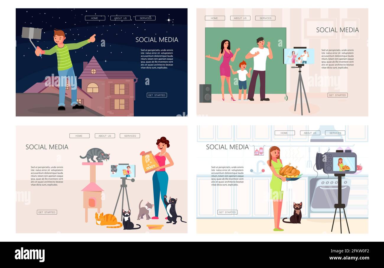 Set of Landing webpage template of vlogging. Men and women blogger ...
